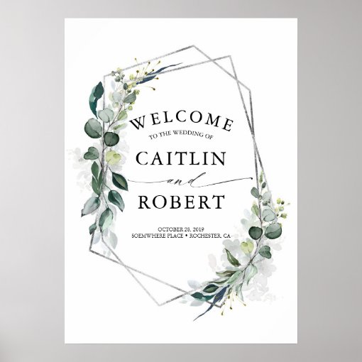 Greenery and Silver Geometric Frame Wedding Poster | Zazzle