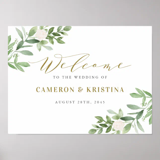 Greenery and White Floral Gold Wedding Welcome Poster | Zazzle