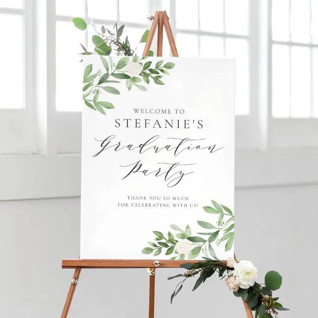 Greenery and White Flower Graduation Party Welcome Poster | Zazzle