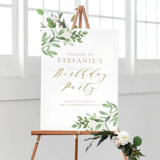Greenery and White Flowers Birthday Party Welcome Poster | Zazzle