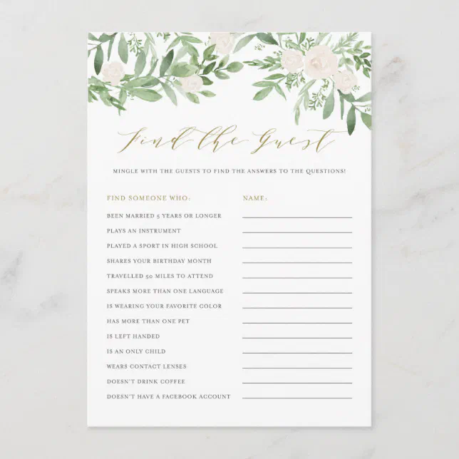 Greenery and White Flowers Find the Guest Game Enclosure Card | Zazzle
