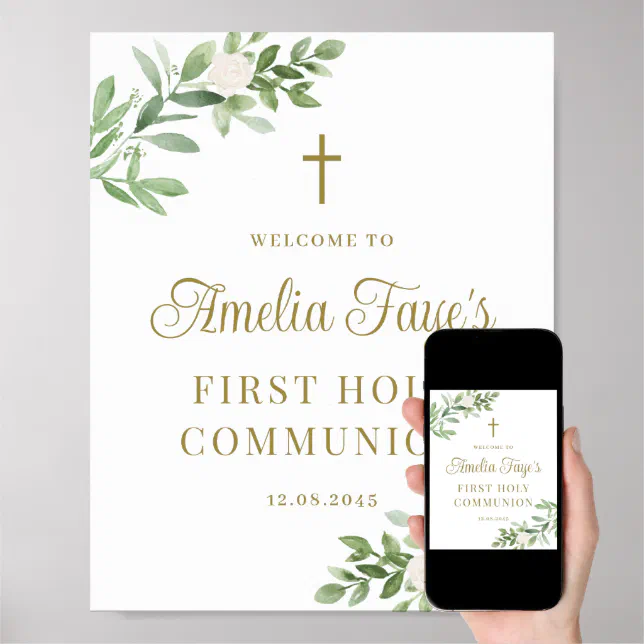 Greenery and White Flowers First Communion Welcome Poster | Zazzle