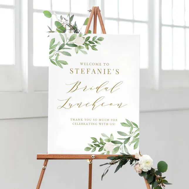 Greenery and White Flowers Gold Bridal Luncheon Poster | Zazzle