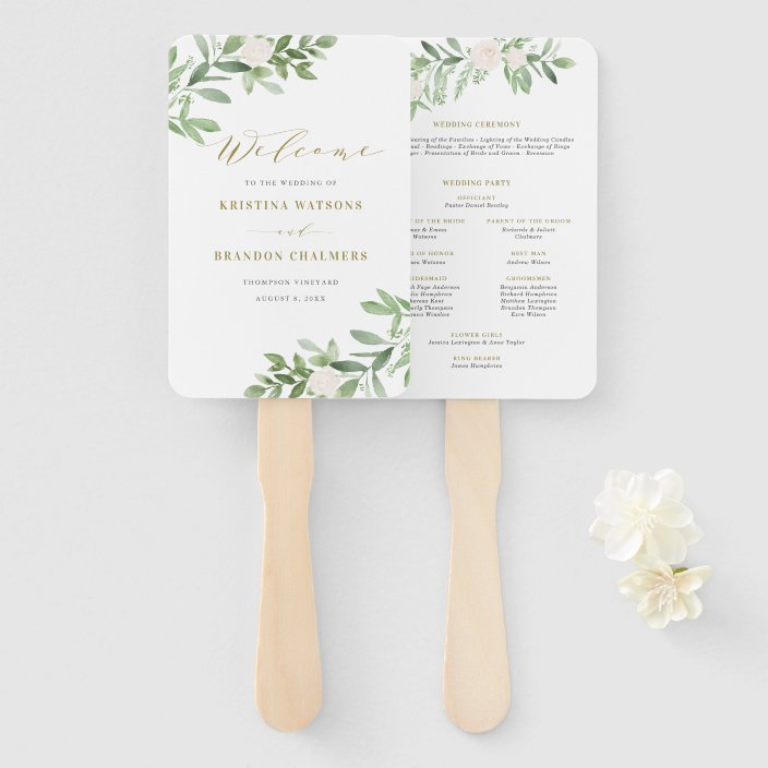 Greenery and White Flowers Gold Wedding Program Hand Fan | Zazzle.com