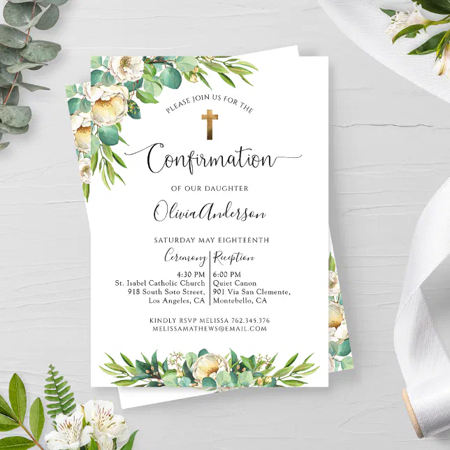 Greenery and White Gold Yellow Floral Confirmation Invitation | Zazzle