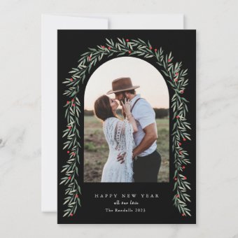 Greenery Arch Modern Script Photo Happy New Year Holiday Card | Zazzle