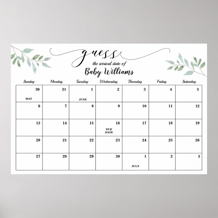 Greenery Baby Shower Guess Due Date Calendar Poste Poster | Zazzle