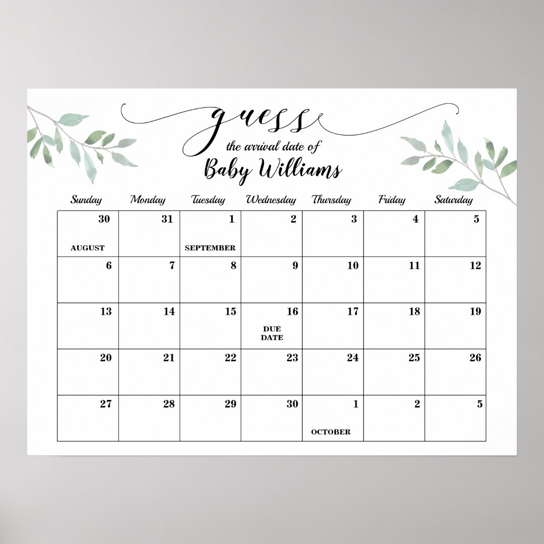 Greenery Baby Shower Guess Due Date Calendar Poster | Zazzle