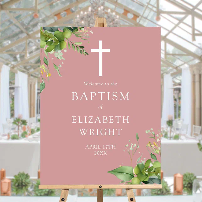 Greenery Baptism Dusty Rose Pink Welcome Sign | Zazzle