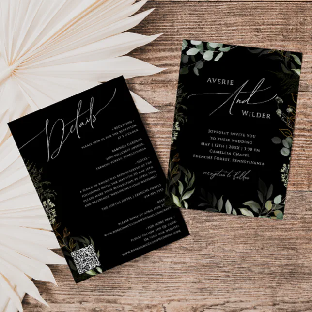 Greenery Black and Gold QR Code All In One Wedding Invitation | Zazzle