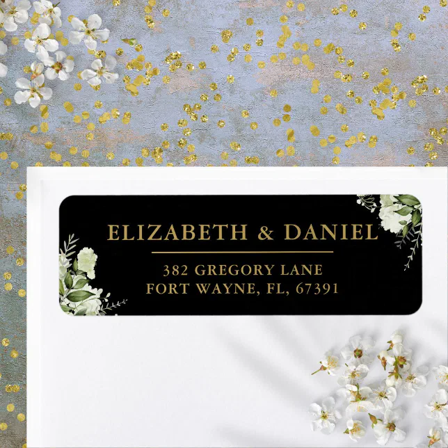 Greenery Black And Gold Wedding Return Address Label | Zazzle