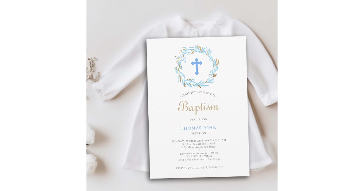Greenery Blue Cross Gold Elegant Baby Boy Baptism Invitation | Zazzle