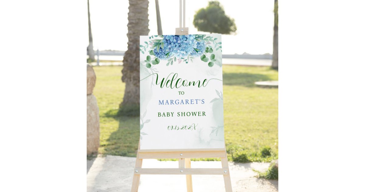 Greenery Blue hydrangea Baby Shower Welcome Sign | Zazzle