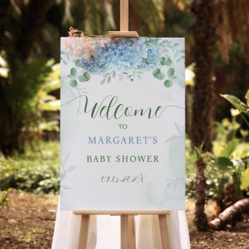 Greenery Blue hydrangea Baby Shower Welcome Sign | Zazzle