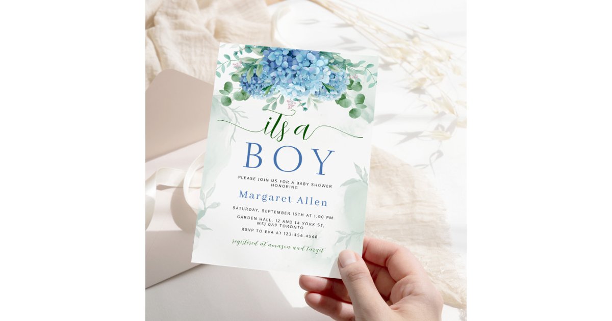 Greenery Blue hydrangea Its a Boy Baby Shower Invitation | Zazzle