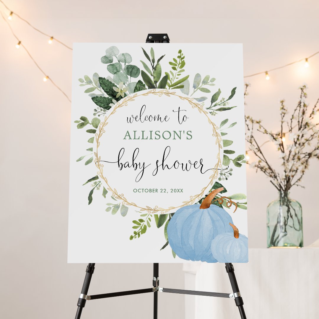 Greenery blue pumpkins baby shower welcome sign | Zazzle
