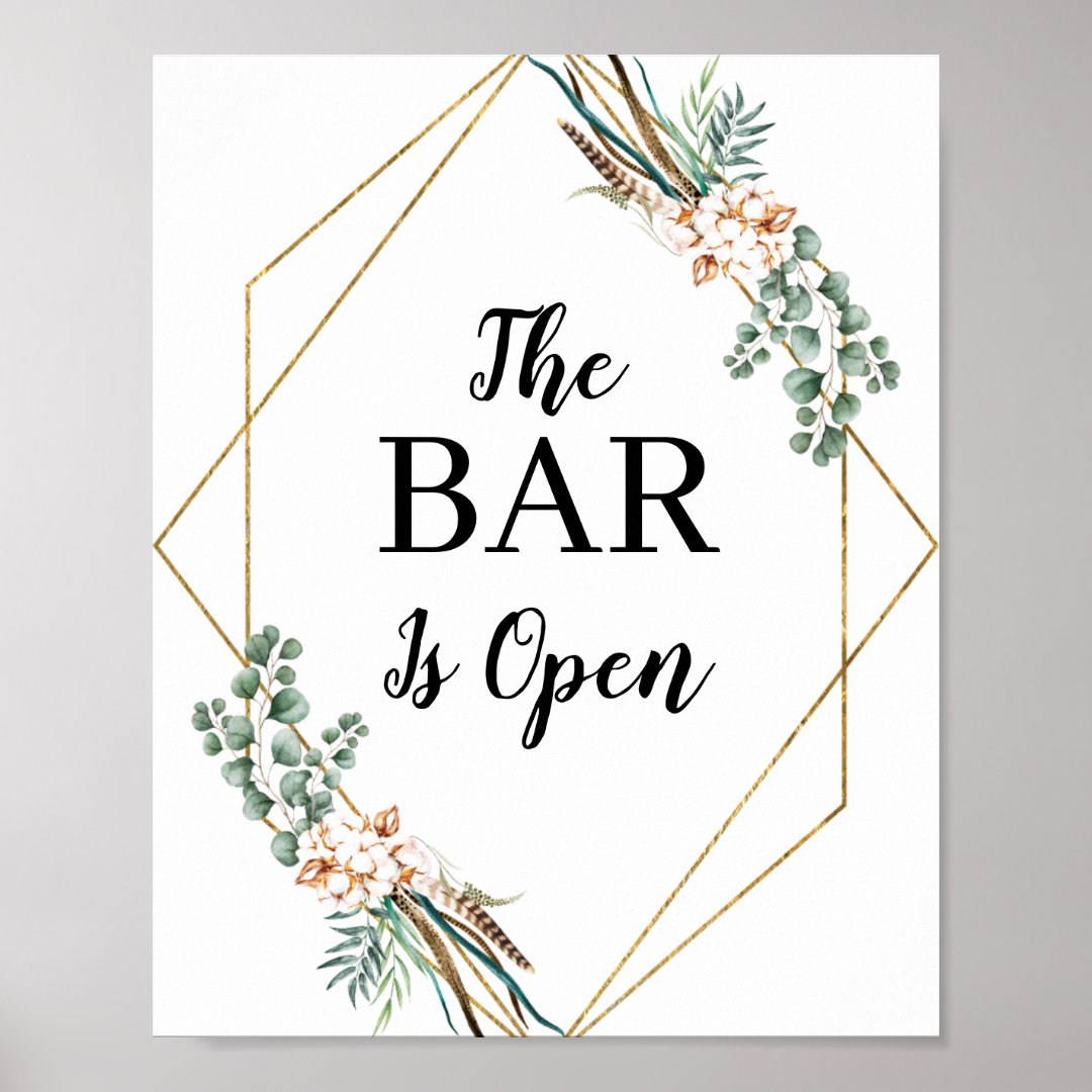 Greenery Boho Glitter Frame Open Bar Menu Sign | Zazzle