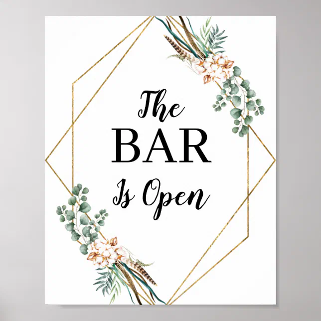 Greenery Boho Glitter Frame Open Bar Menu Sign | Zazzle