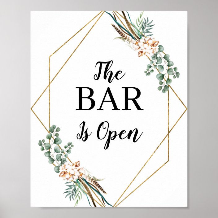 Greenery Boho Glitter Frame Open Bar Menu Sign | Zazzle.com
