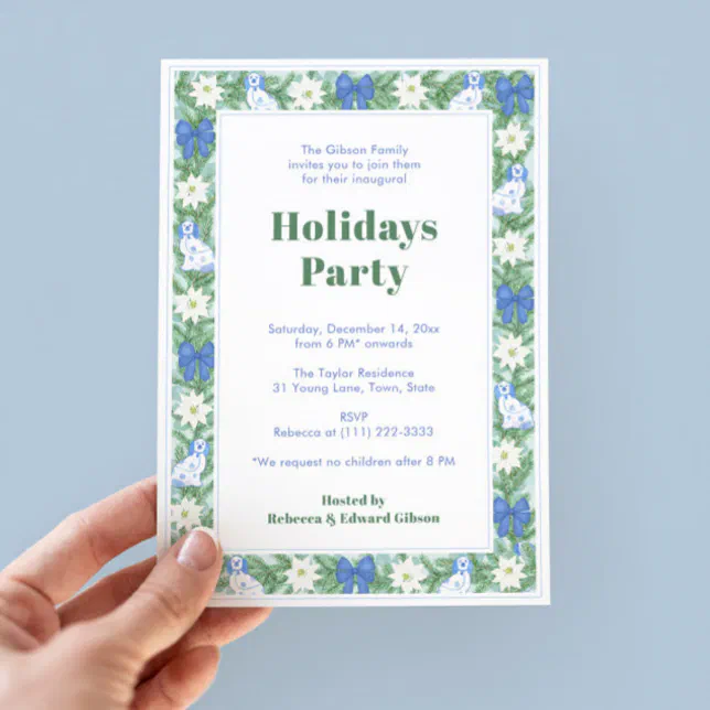 Greenery Border Blue And White Holidays Party Invitation | Zazzle