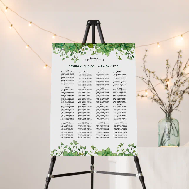 Greenery borders spring wedding seating chart foam board | Zazzle