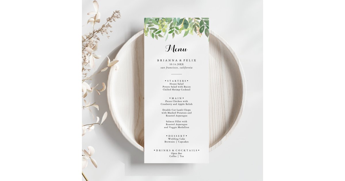 Greenery Botanical Foliage Calligraphy Dinner Menu | Zazzle