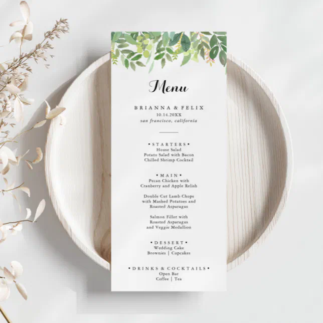 Greenery Botanical Foliage Calligraphy Dinner Menu | Zazzle