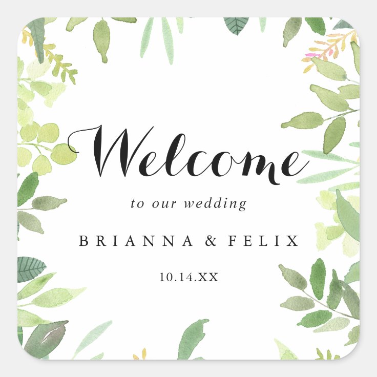 Greenery Botanical Foliage Wedding Welcome Square Sticker | Zazzle