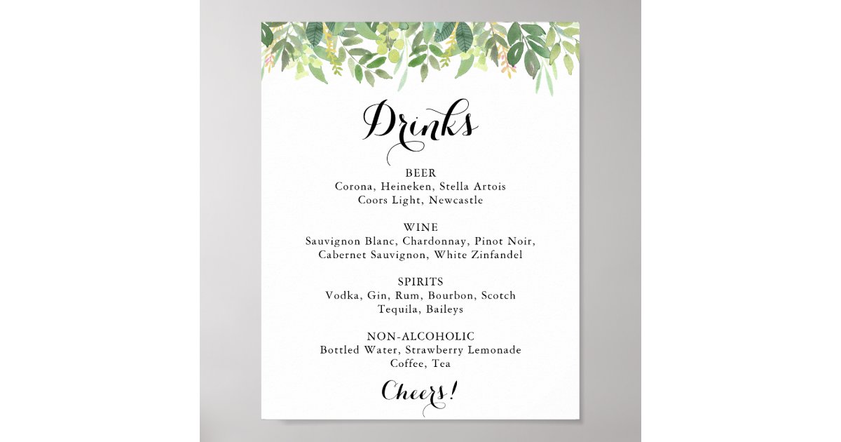 Greenery Botanical Wedding Drinks Menu Sign | Zazzle