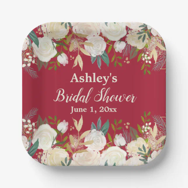 Greenery Bridal Shower Burgundy Engagement Party Paper Plates | Zazzle