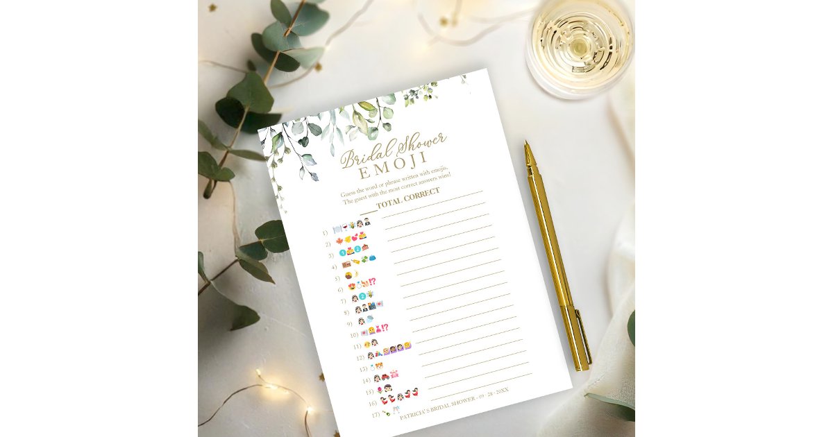 Greenery Bridal Shower Emoji Pictionary Game Invitation | Zazzle