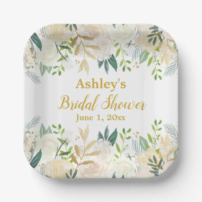 Greenery Bridal Shower White Gold Engagement Party Paper Plates | Zazzle