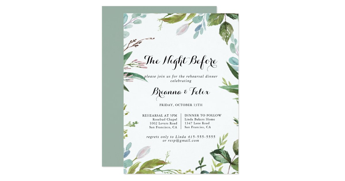 Greenery Calligraphy Night Before Rehearsal Dinner Invitation | Zazzle.com