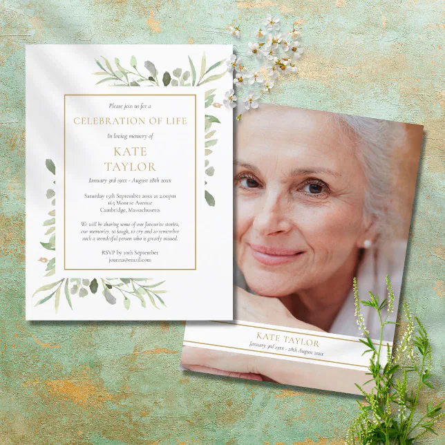 Greenery Celebration of Life Photo Invitation | Zazzle