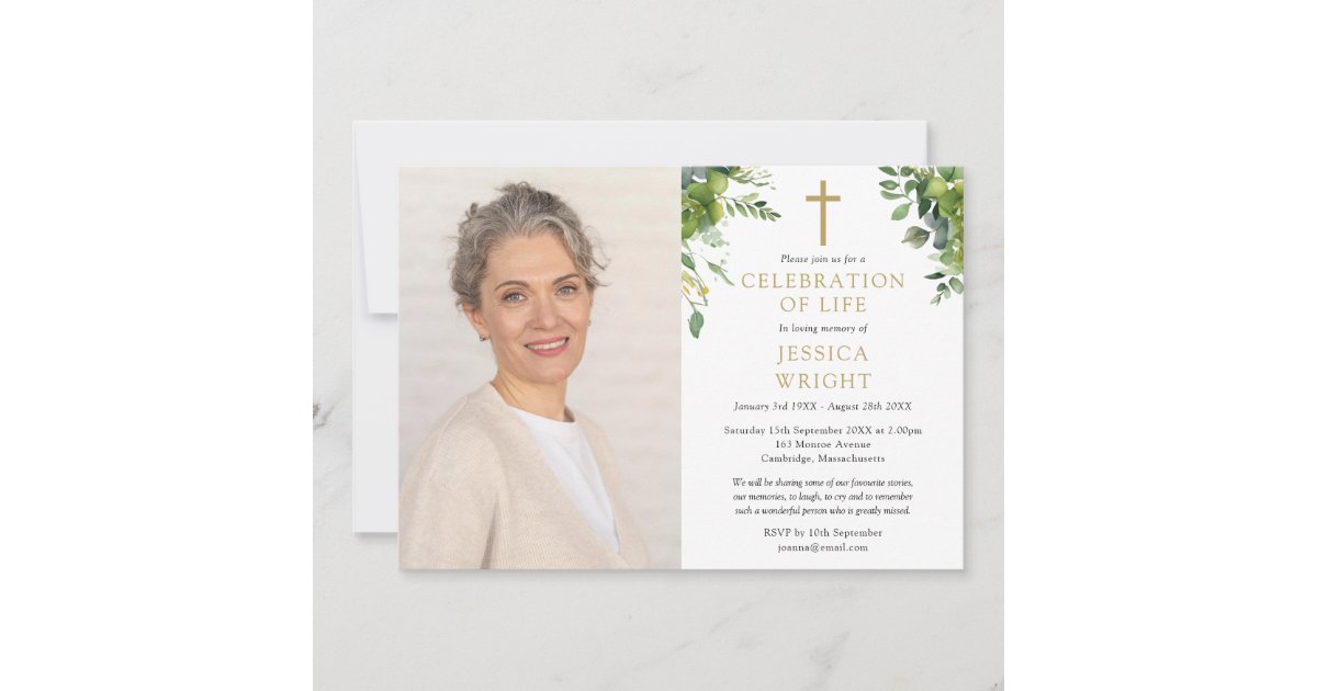 Greenery Christian Celebration Of Life Photo Invitation | Zazzle