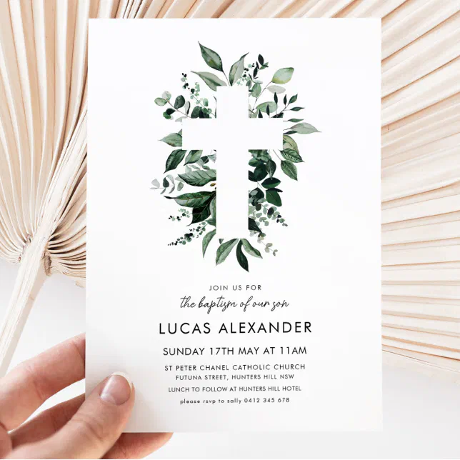 Greenery Cross Modern Baptism Christening Botanica Invitation | Zazzle