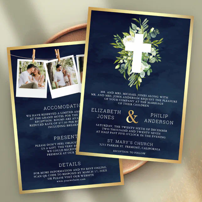 Greenery Cross Navy All in One Catholic Wedding Invitation | Zazzle