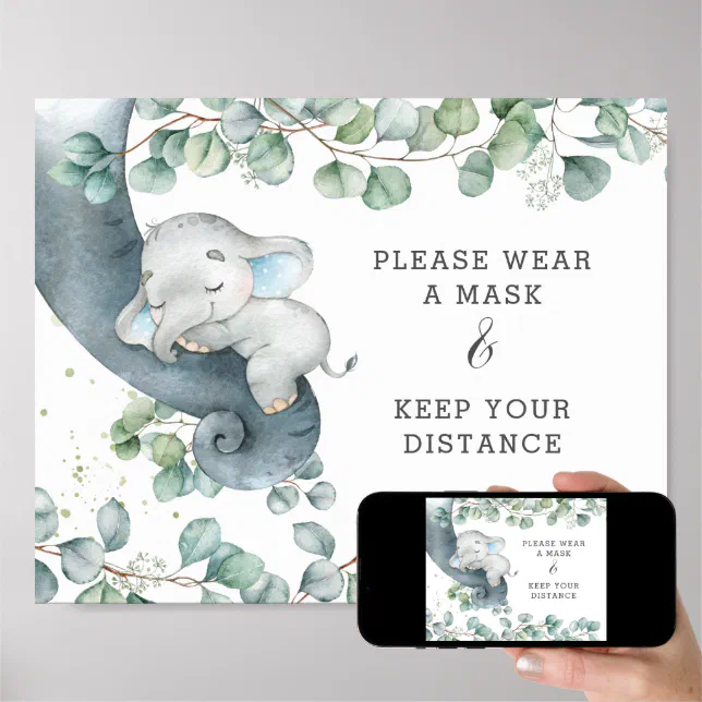 Greenery Cute Elephant Wear a Mask Keep Distance Poster | Zazzle