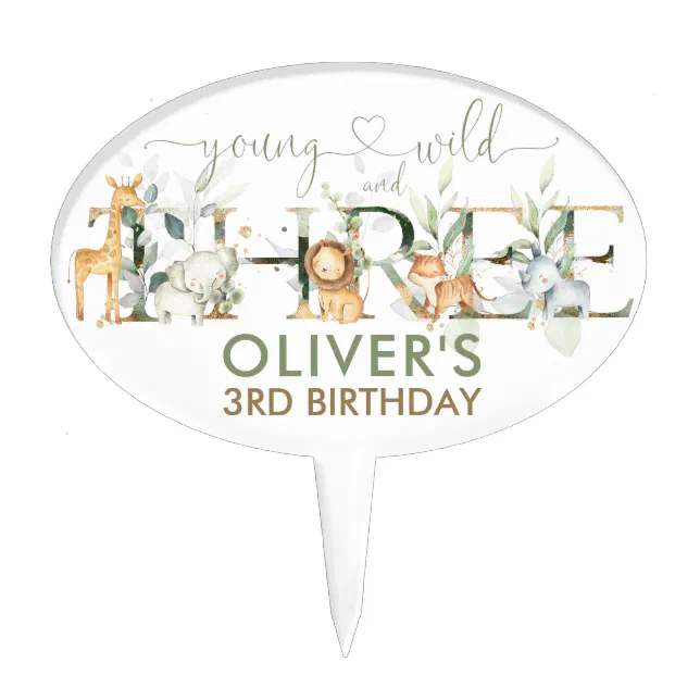 Greenery Cute Jungle Animals THREE 3rd Birthday Cake Topper | Zazzle