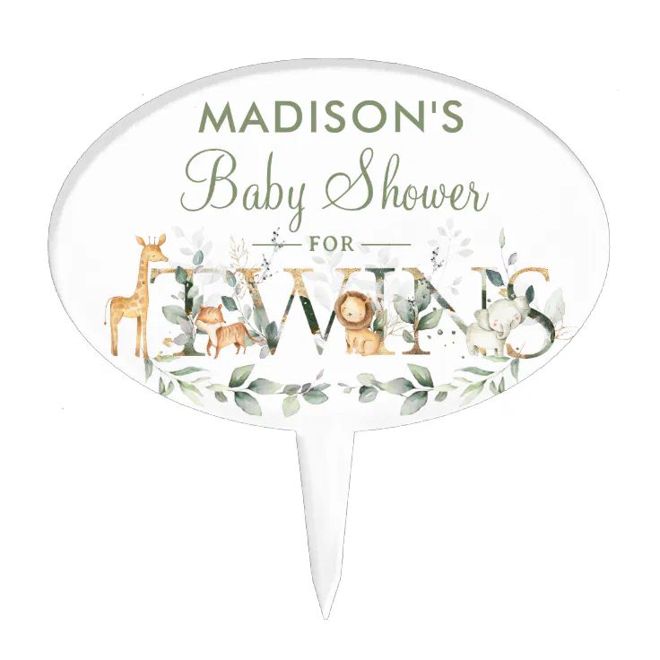 Greenery Cute Jungle Animals TWINS Baby Shower Cake Topper | Zazzle