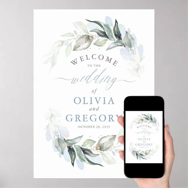 Greenery Dusty Blue Elegant Wedding Welcome Poster | Zazzle