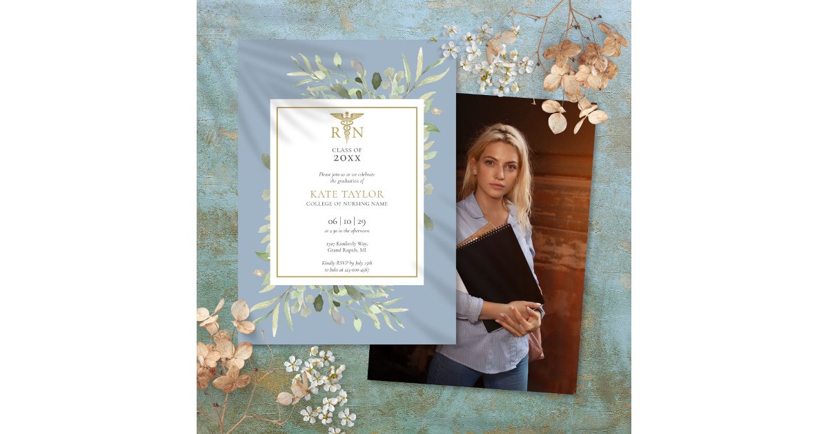 Greenery Dusty Blue RN Nursing Graduation Photo Invitation | Zazzle