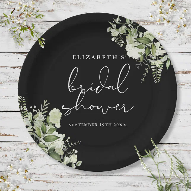 Greenery Elegant Black And White Bridal Shower Paper Plates | Zazzle