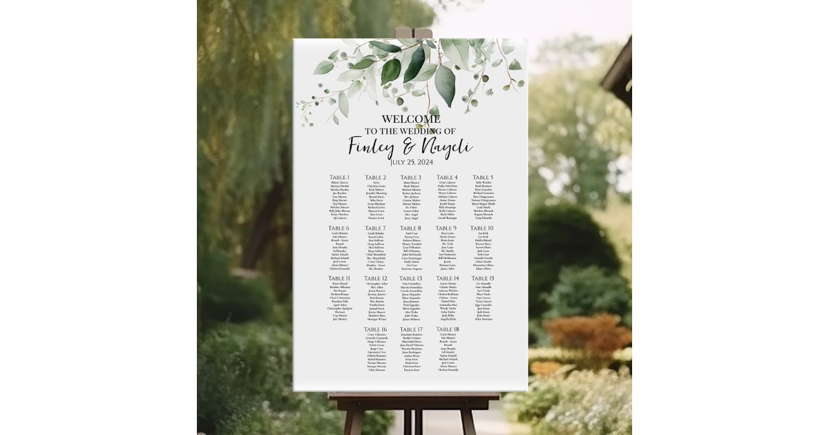 Greenery elegant wedding seating chart 18 tables | Zazzle