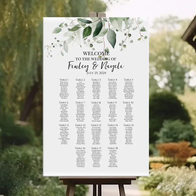 Greenery elegant wedding seating chart 18 tables | Zazzle