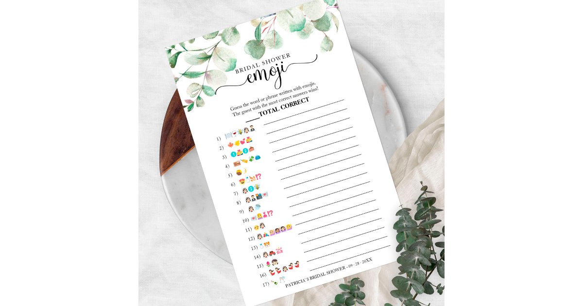 Greenery Eucalyptus Bridal Shower Emoji Pictionary Flyer | Zazzle