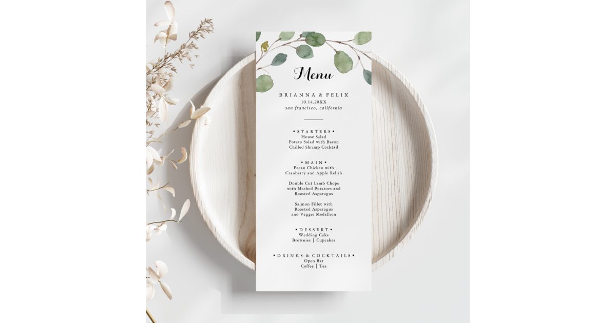 Greenery Eucalyptus Foliage Calligraphy Dinner Menu | Zazzle
