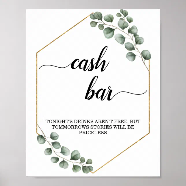 Greenery Eucalyptus Geometric Cash Bar Sign | Zazzle