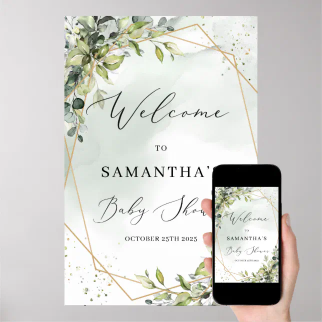 Greenery eucalyptus gold geometric welcome sign | Zazzle