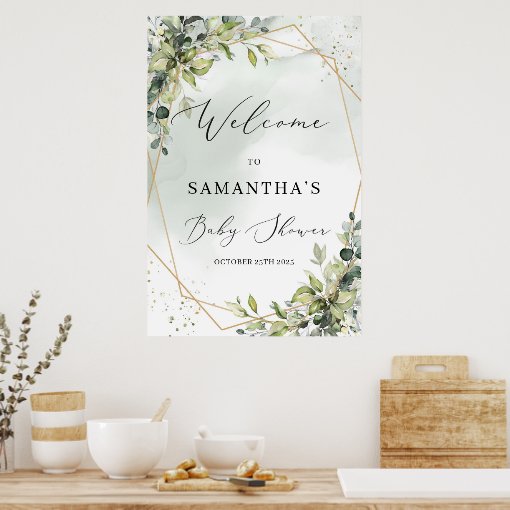 Greenery eucalyptus gold geometric welcome sign | Zazzle